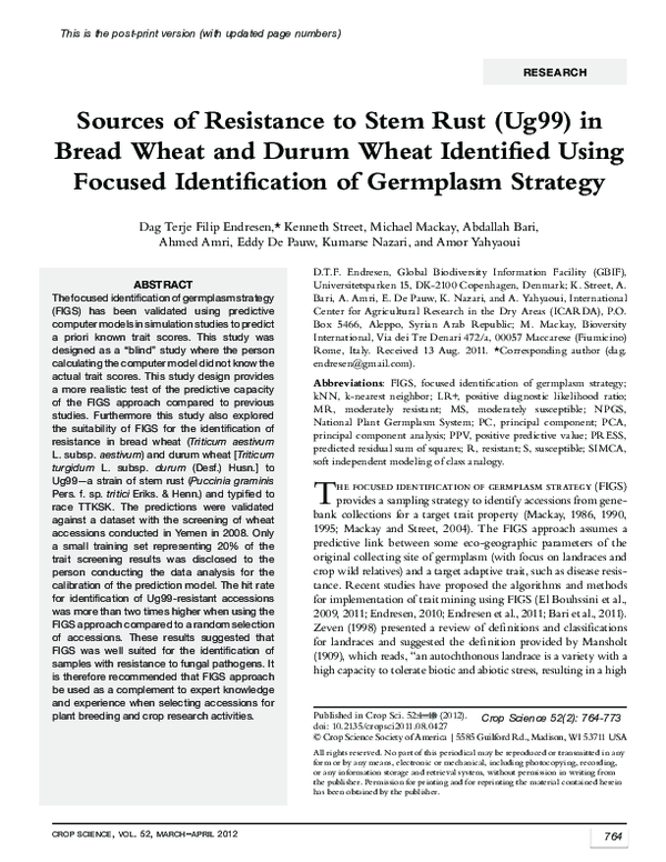 (PDF) Sources of Resistance to Stem Rust (Ug99) in Bread Wheat and ...