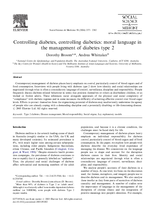 (PDF) Controlling diabetes, controlling diabetics: moral language in ...