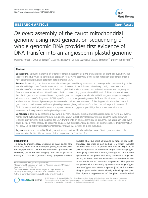 (PDF) De novo assembly of the carrot mitochondrial genome using next generation sequencing of ...