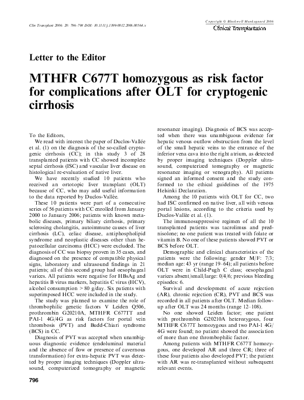 (PDF) MTHFR C677T homozygous as risk factor for complications after OLT ...