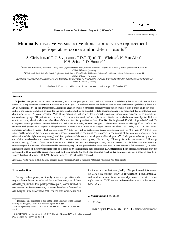 (PDF) Minimally invasive aortic valve replacement: Initial experience of the 1st Cardiac Surgery ...