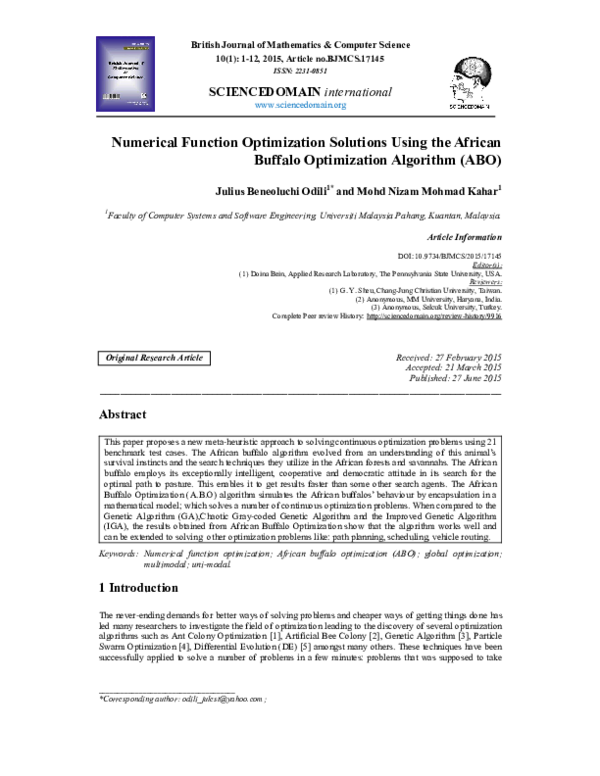 Pdf Numerical Function Optimization Solutions Using The African Buffalo Optimization Algorithm