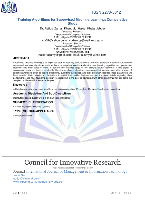 Pdf Training Algorithms For Supervised Machine Learning Comparative