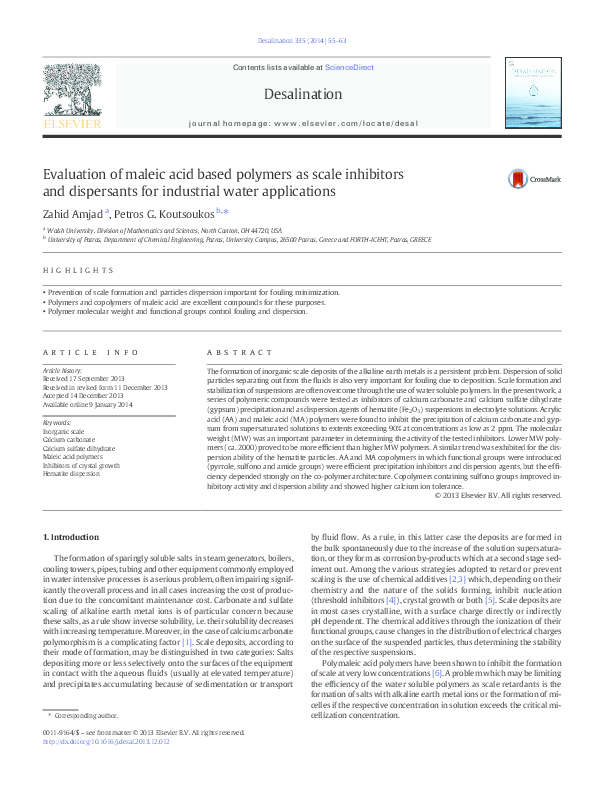 (PDF) Evaluation of maleic acid based polymers as scale inhibitors and ...