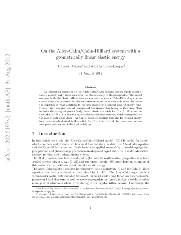 (PDF) On the Allen-Cahn/Cahn-Hilliard system with a geometrically linear elastic energy | Thomas ...