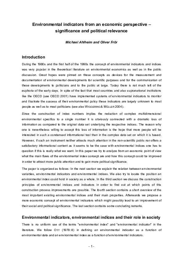 (PDF) Environmental indicators from an economic perspective - significance and political ...
