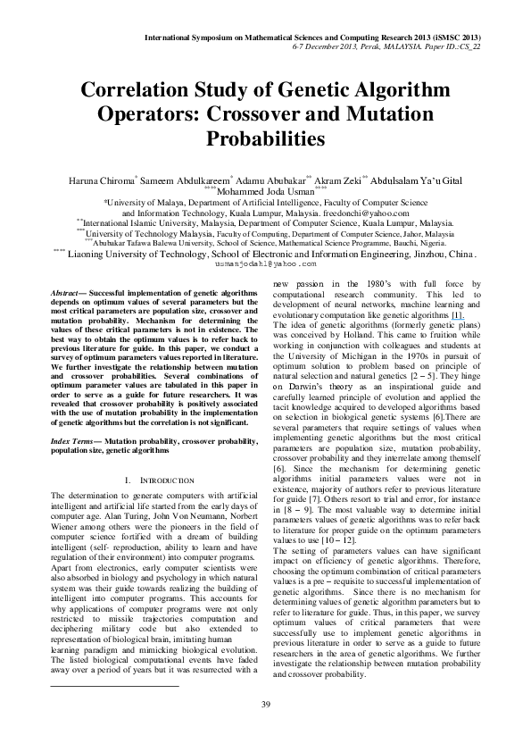 (PDF) Correlation Study of Genetic Algorithm Operators: Crossover and Mutation Probabilities