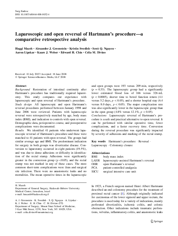 (PDF) Laparoscopic and open reversal of Hartmann’s procedure—a comparative retrospective analysis