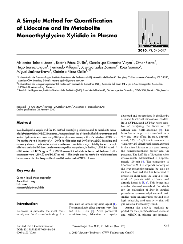 (PDF) A Simple Method for Quantification of Lidocaine and Its ...