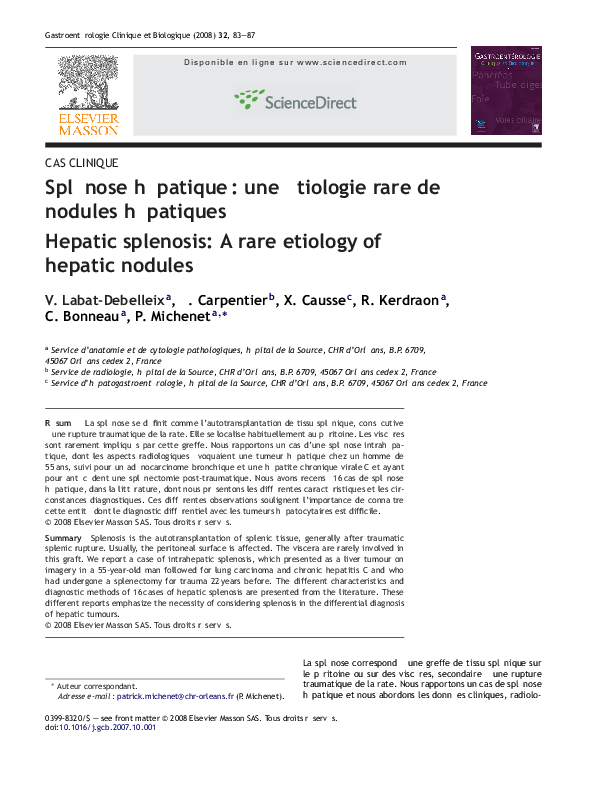 (PDF) Splénose hépatique : une étiologie rare de nodules hépatiques