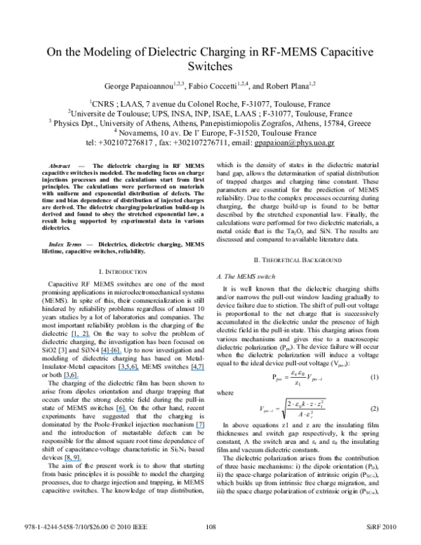 Pdf On The Modeling Of Dielectric Charging In Rf Mems Capacitive Switches