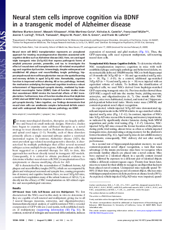 (PDF) Neural stem cells improve cognition via BDNF in a transgenic model of Alzheimer disease