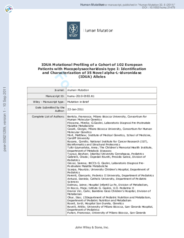 (PDF) IDUA mutational profiling of a cohort of 102 European patients ...