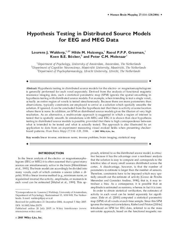 (PDF) Hypothesis testing in distributed source models for EEG and MEG data