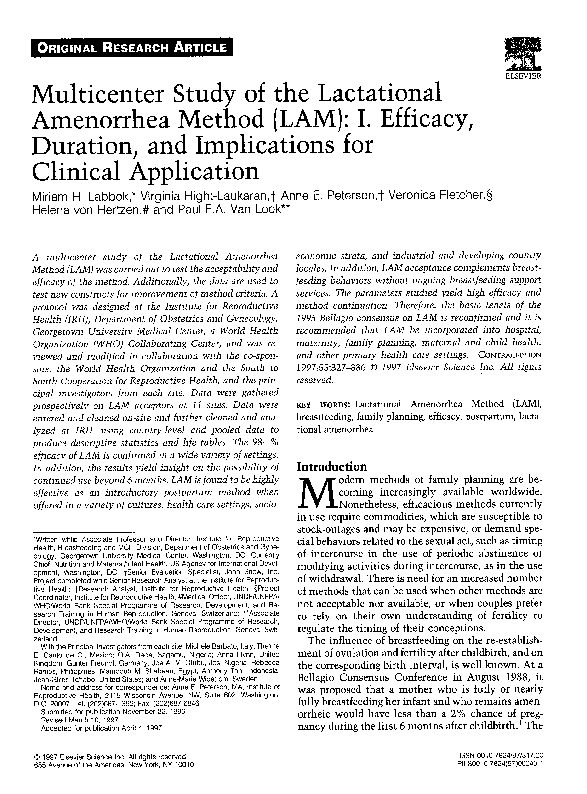 (PDF) Multicenter study of the Lactational Amenorrhea Method (LAM): I ...
