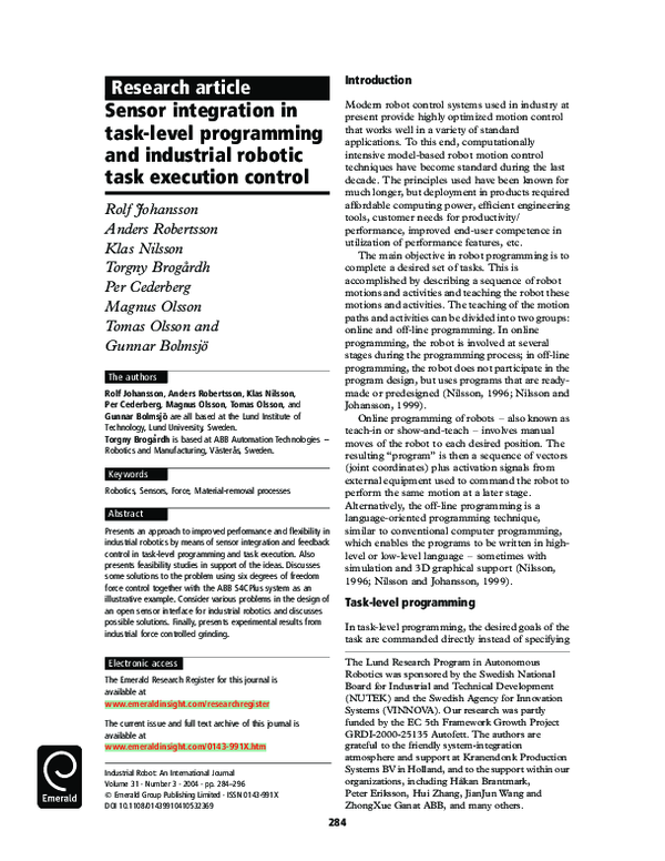 Pdf Sensor Integration In Task Level Programming And Industrial