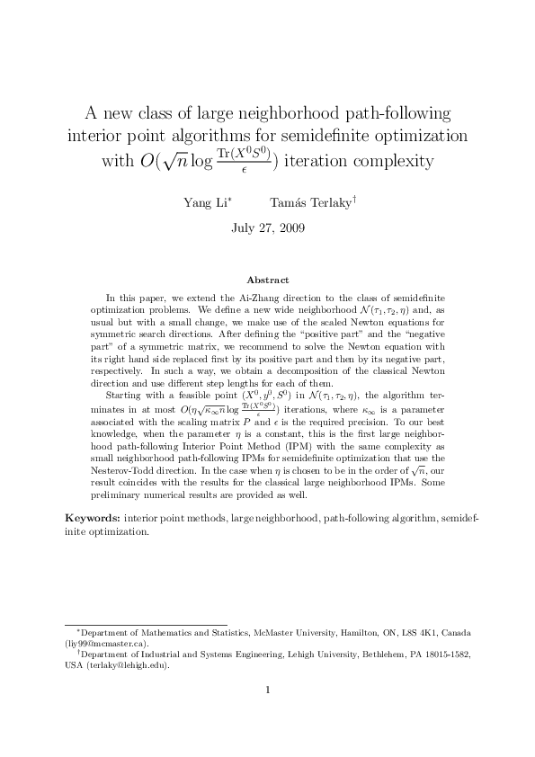 Pdf A New Class Of Large Neighborhood Path Following Interior Point Algorithms For