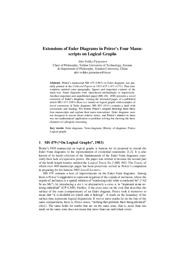(PDF) Extensions of Euler Diagrams in Peirce's Four Manuscripts on ...