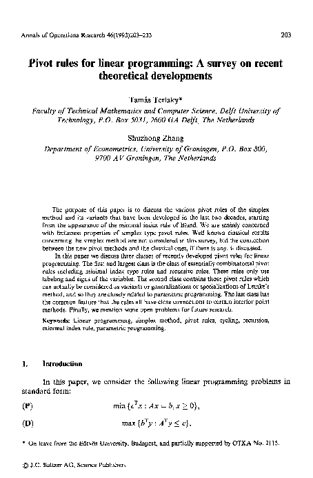 (PDF) Pivot rules for linear programming: A survey on recent theoretical developments