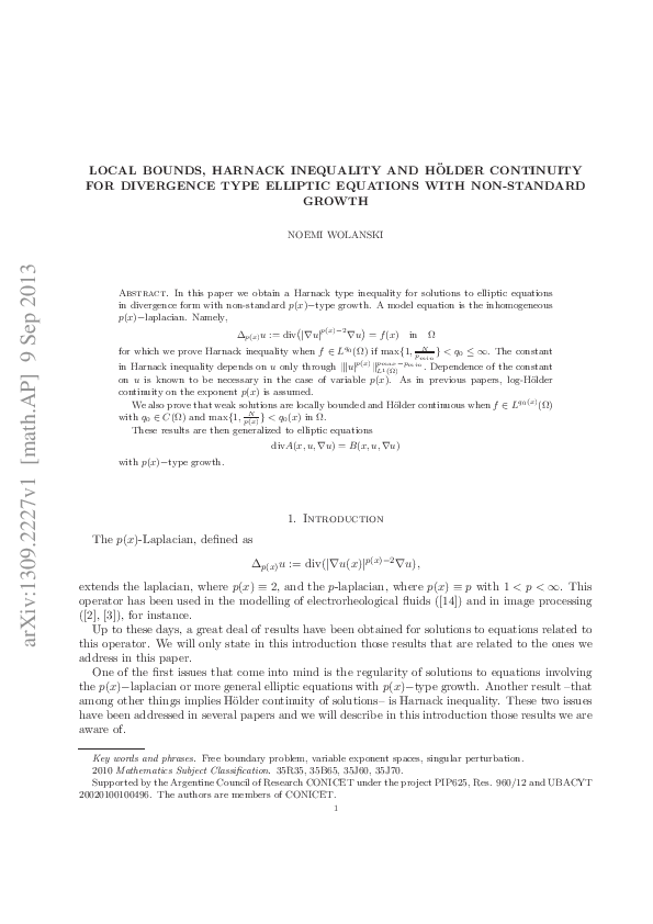 Pdf Local Bounds Harnack Inequality And Hölder Continuity For Divergence Type Elliptic