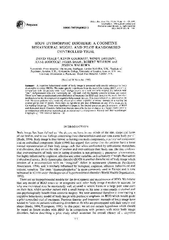 (PDF) Body dysmorphic disorder: A cognitive behavioural model and pilot ...