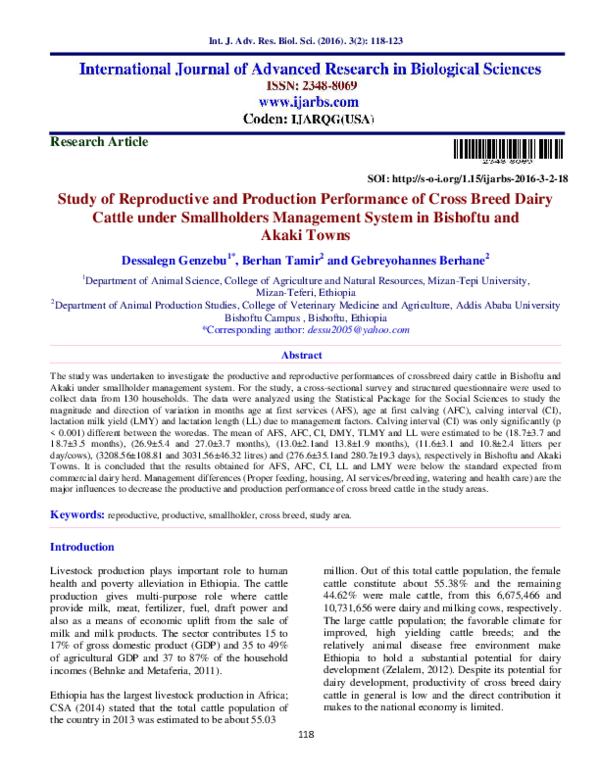 (PDF) Study of Reproductive and Production Performance of Cross Breed Dairy Cattle under ...