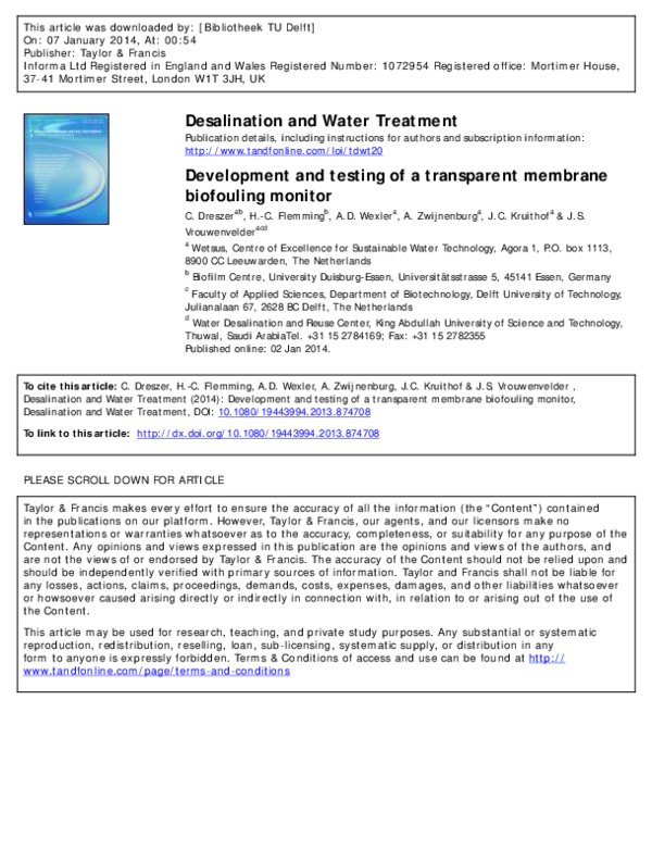 (PDF) Development and testing of a transparent membrane biofouling monitor