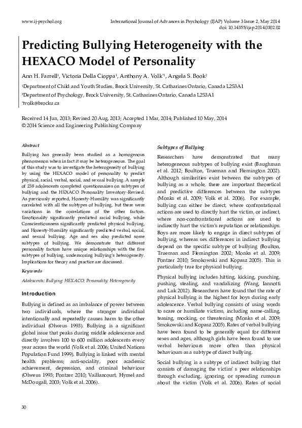 (PDF) Predicting Bullying Heterogeneity with the HEXACO Model of ...