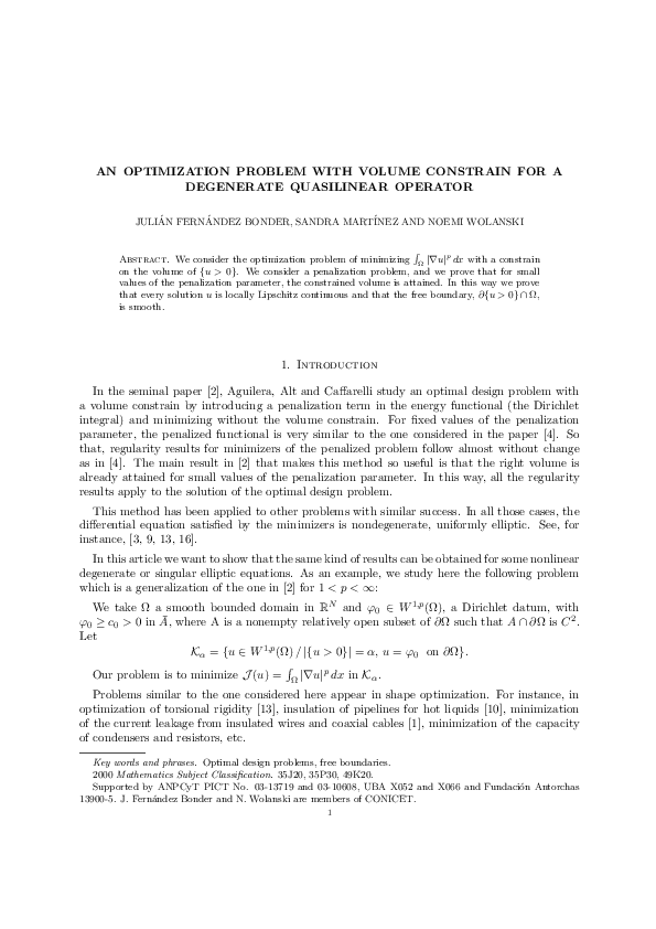Pdf An Optimization Problem With Volume Constraint For A Degenerate Quasilinear Operator