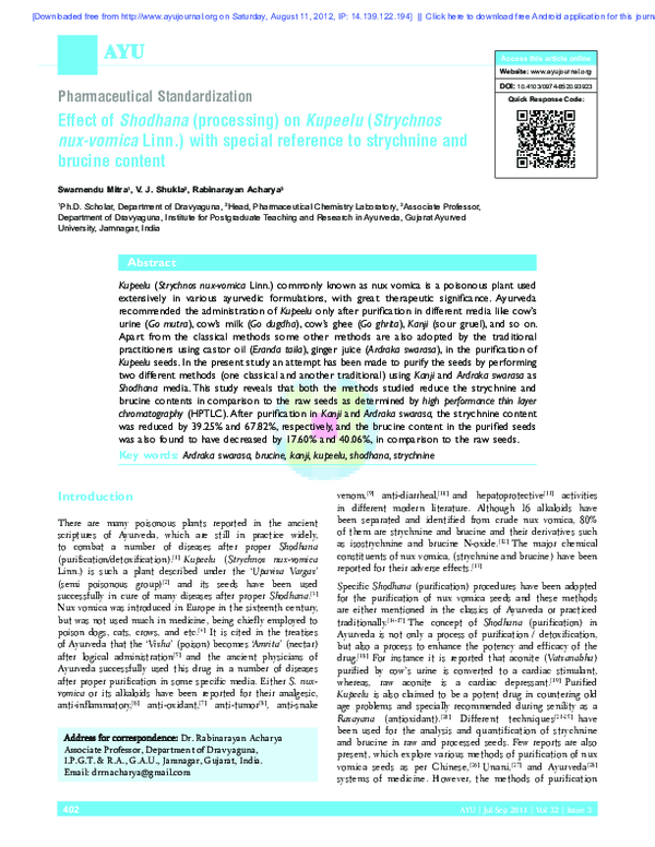(PDF) Effect of Shodhana (processing) on Kupeelu (Strychnos nux-vomica ...