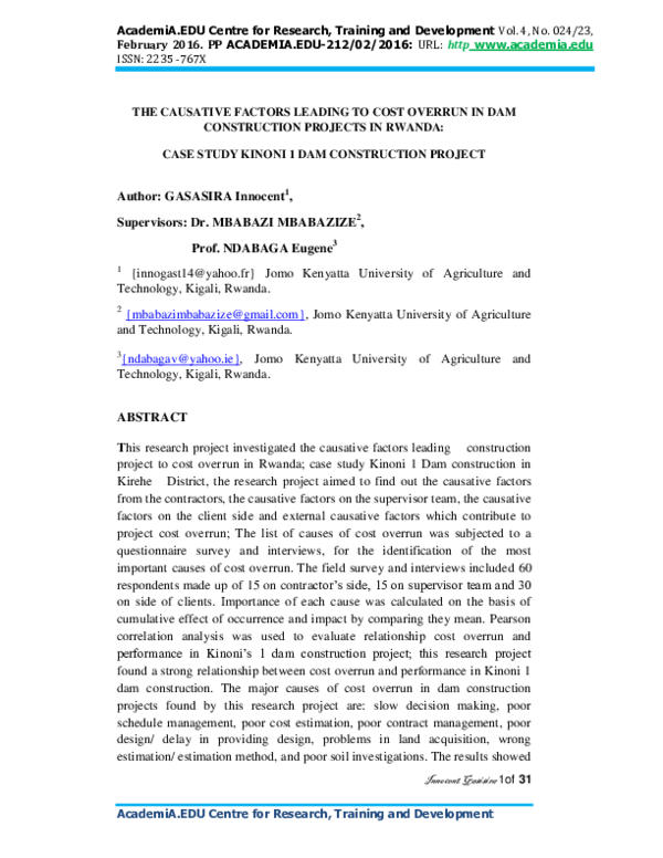 (PDF) THE CAUSATIVE FACTORS LEADING TO COST OVERRUN IN DAM CONSTRUCTION ...