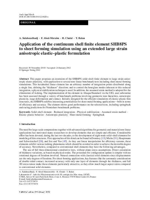 Pdf Application Of The Continuum Shell Finite Element Shb8ps To Sheet Forming Simulation Using