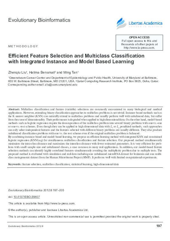 Pdf Efficient Feature Selection And Multiclass Classification With