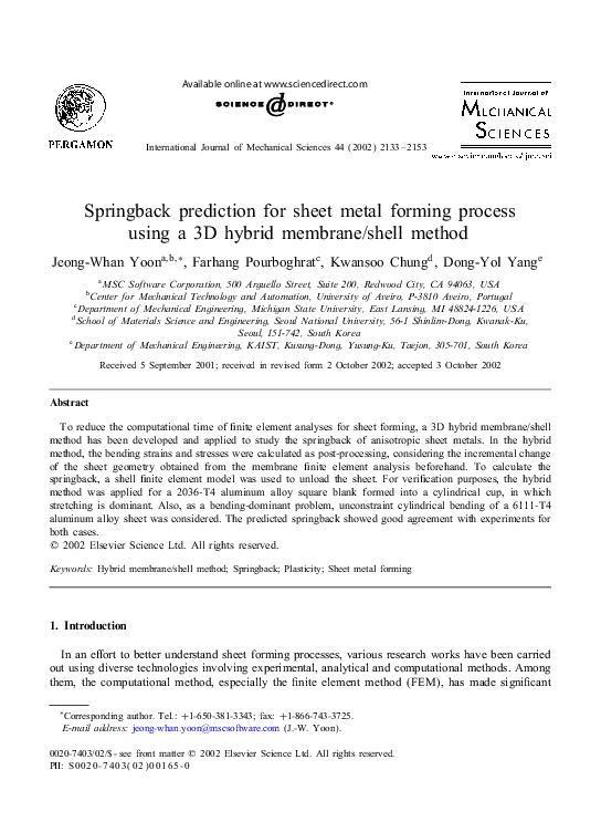 (PDF) Springback prediction for sheet metal forming process using a 3D hybrid membrane/shell method
