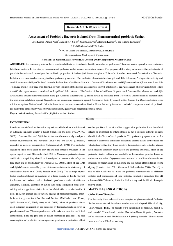 (PDF) Assessment of Probiotic Bacteria Isolated from Pharmaceutical probiotic Sachet