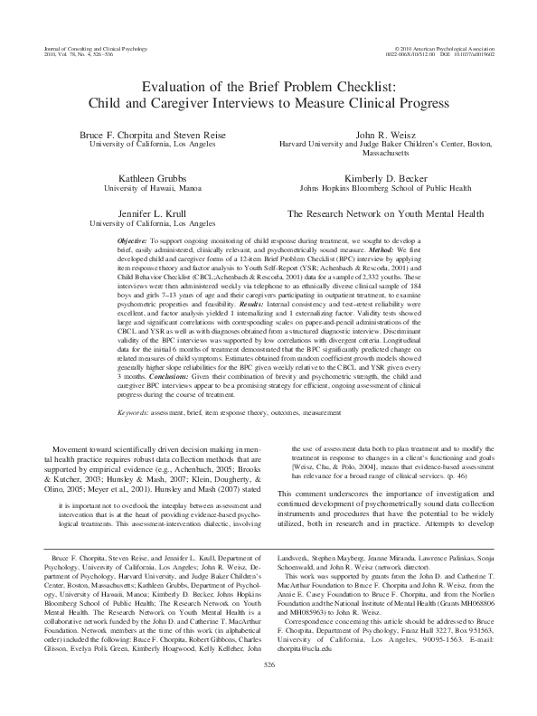 (PDF) Evaluation of the Brief Problem Checklist: Child and caregiver ...