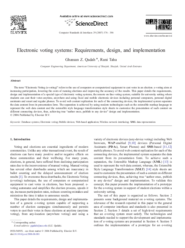(PDF) Electronic voting systems: Requirements, design, and implementation