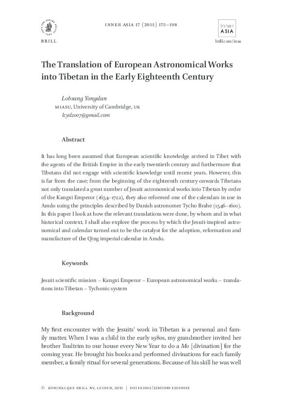 (PDF) The Translation of European Astronomical Works into Tibetan in ...