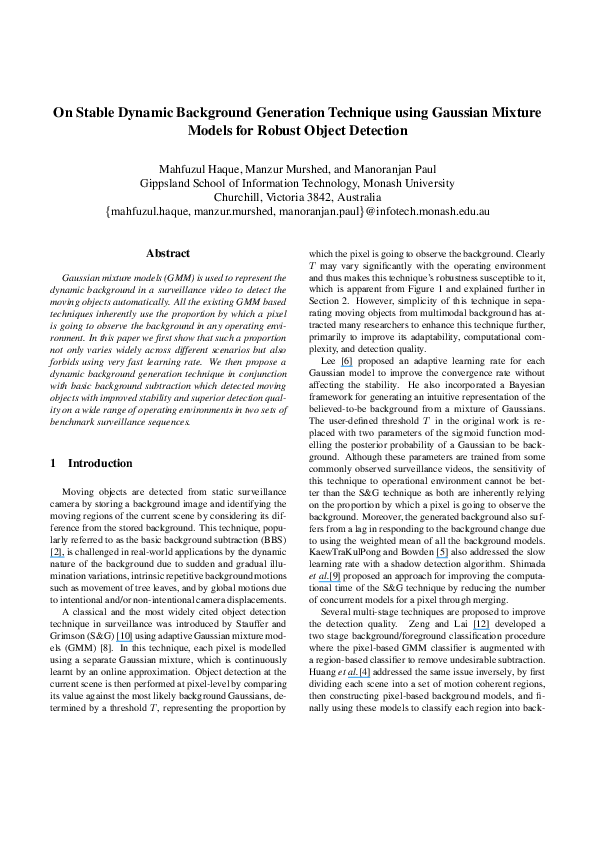 (PDF) On Stable Dynamic Background Generation Technique Using Gaussian Mixture Models for Robust ...