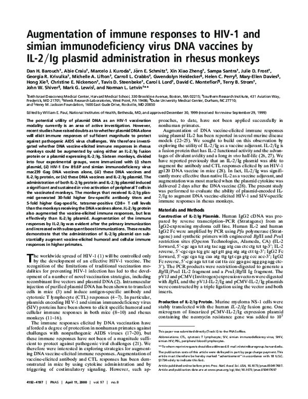 (PDF) Augmentation of immune responses to HIV-1 and simian ...