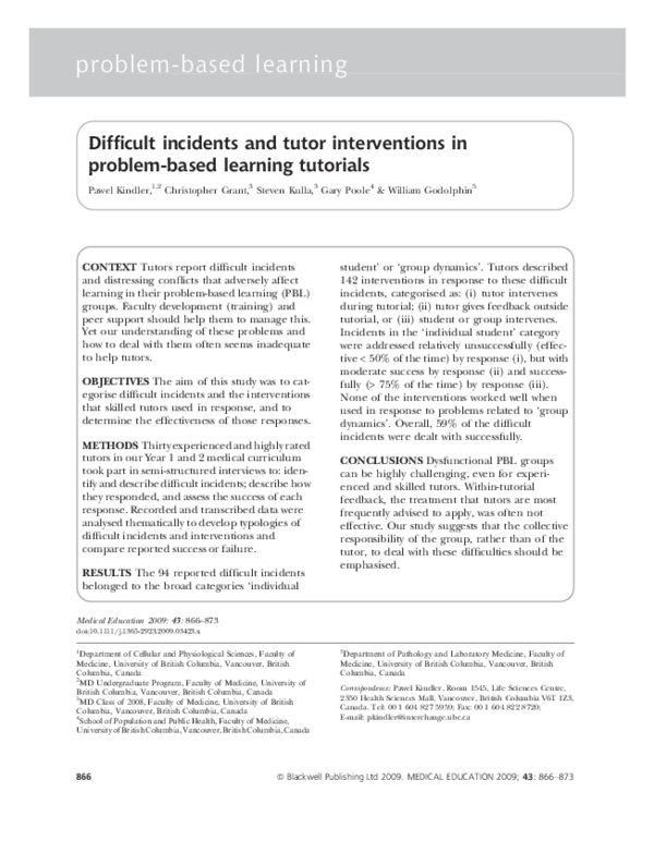 (PDF) Difficult incidents and tutor interventions in problem-based ...