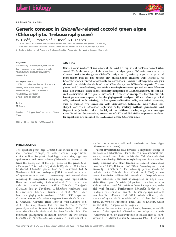 (PDF) Generic concept in Chlorella -related coccoid green algae ...