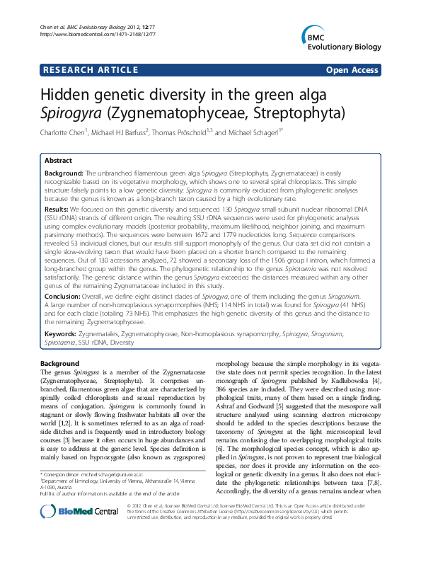 (PDF) Hidden genetic diversity in the green alga Spirogyra ...