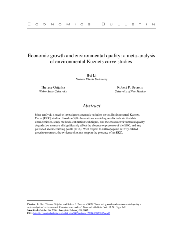 (PDF) Economic Growth and Environmental Quality: a Meta-Analysis of Environmental Kuznets Curve ...
