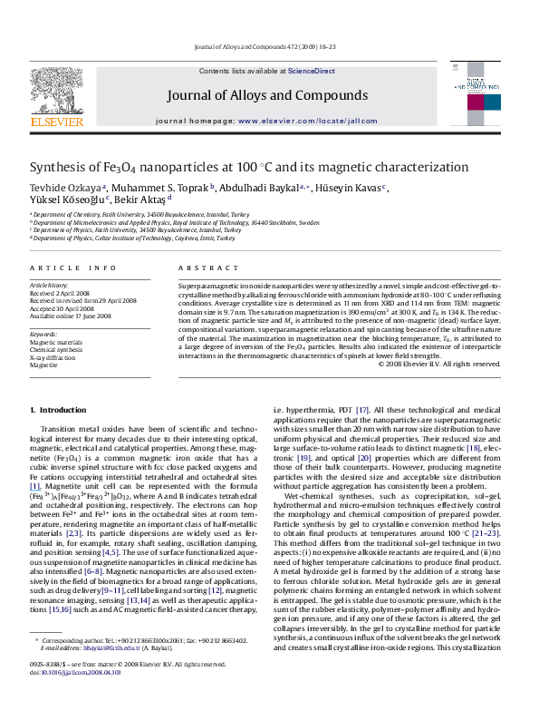 (PDF) Synthesis of Fe3O4 nanoparticles at 100°C and its magnetic characterization