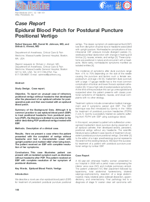 (PDF) Epidural Blood Patch for Postdural Puncture Positional Vertigo