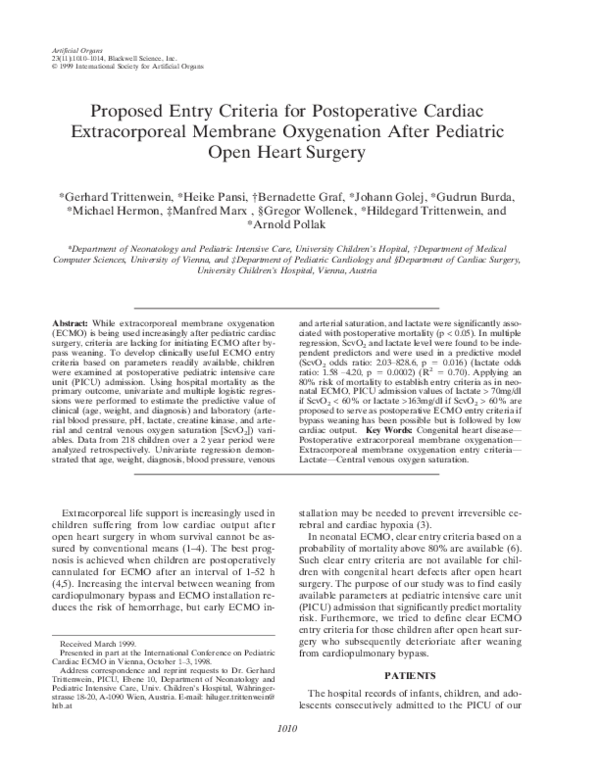 (PDF) Proposed Entry Criteria for Postoperative Cardiac Extracorporeal ...