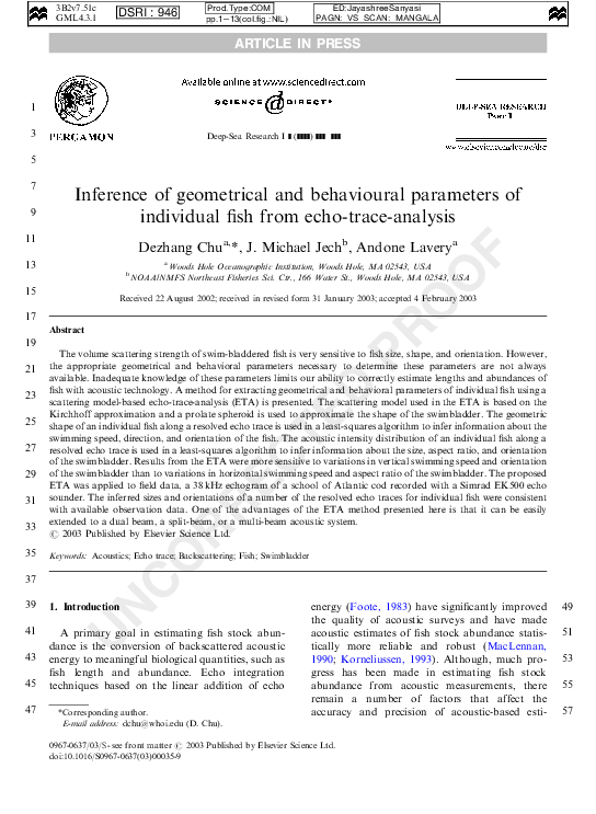 (PDF) Inference of geometrical and behavioural parameters of individual fish from echo-trace ...