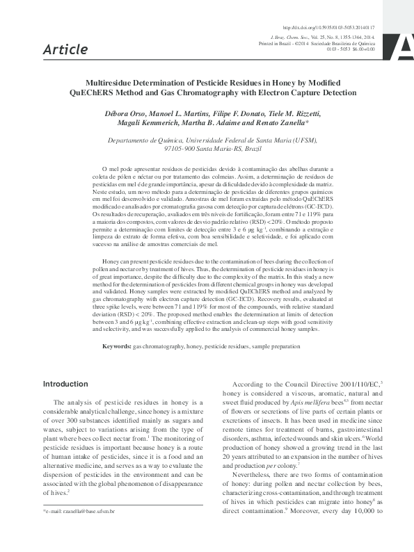 (PDF) Multiresidue Determination of Pesticide Residues in Honey by Modified QuEChERS Method and ...