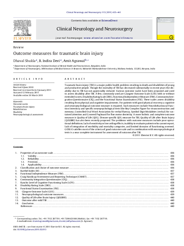 (PDF) Outcome measures for traumatic brain injury